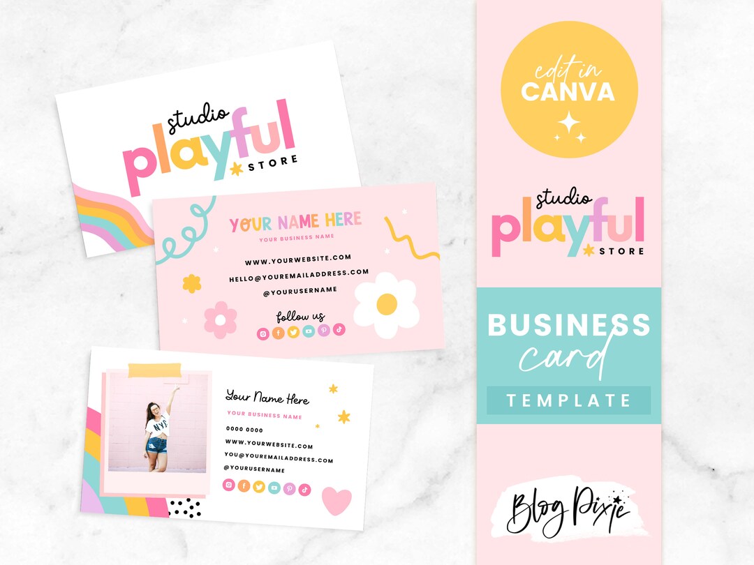 Cute Business Card Template Rainbow Canva Business Card Design Editable ...