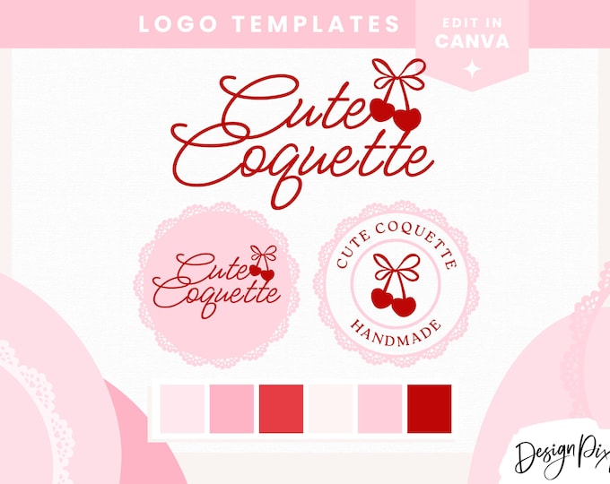 Coquette Aesthetic Logo Design Template, Bow and Cherries Retro Logo ...