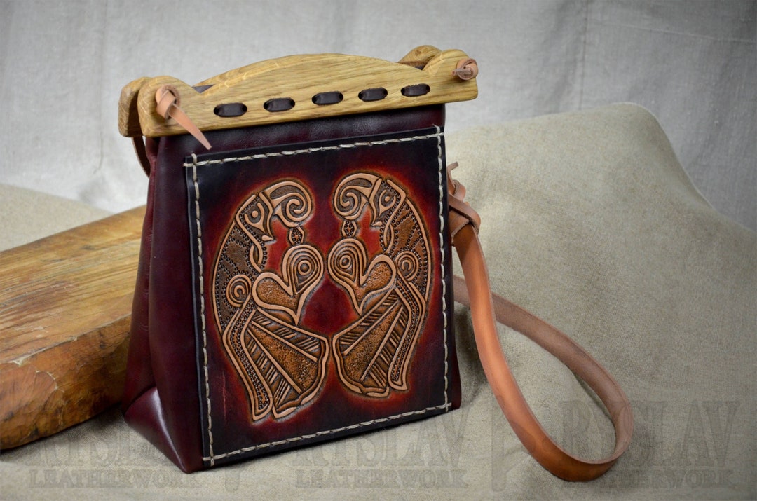 Viking Leather and Wood HANDLE Bag, Hedeby Haithabu, Hand Carving ...