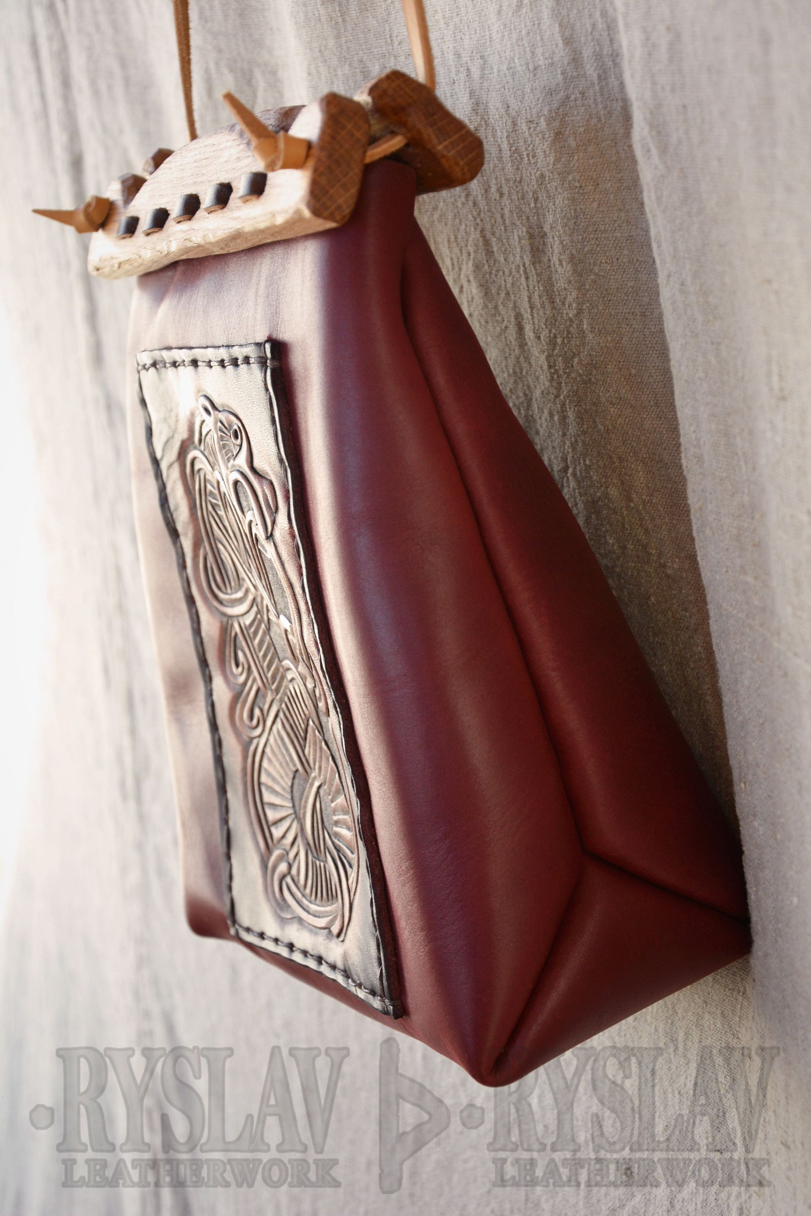 Viking Leather and Wood HANDLE Bag, Hedeby Haithabu Bag, Hand Carving ...