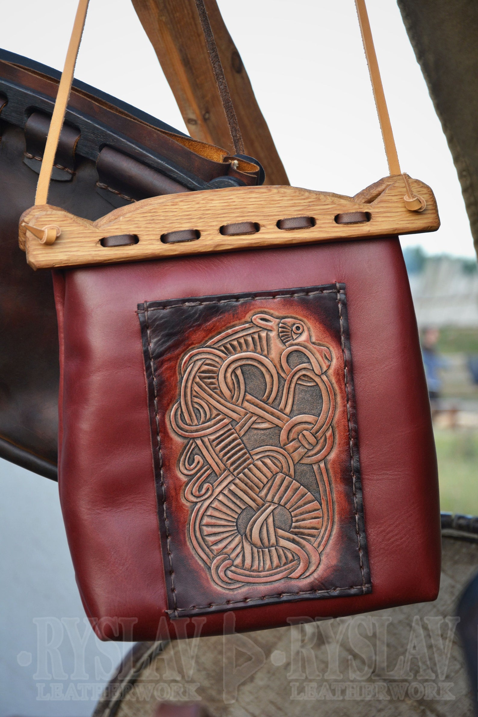 Viking Leather and Wood HANDLE Bag, Hedeby Haithabu Bag, Hand Carving ...