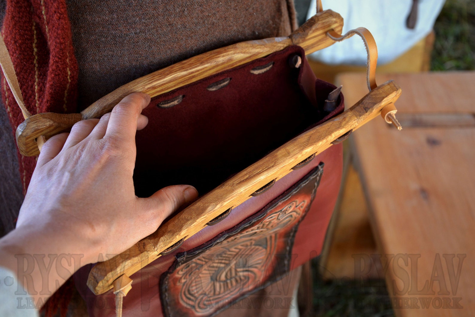 Viking Leather and Wood HANDLE Bag, Hedeby Haithabu Bag, Hand Carving ...