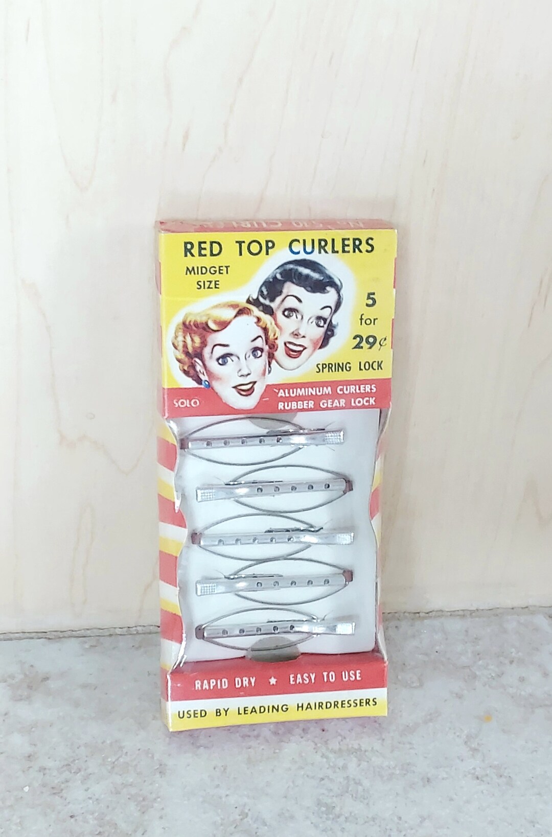 NOS Aluminum Solo Red Top Curlers on Display Card 5 Midget Size Curlers ...