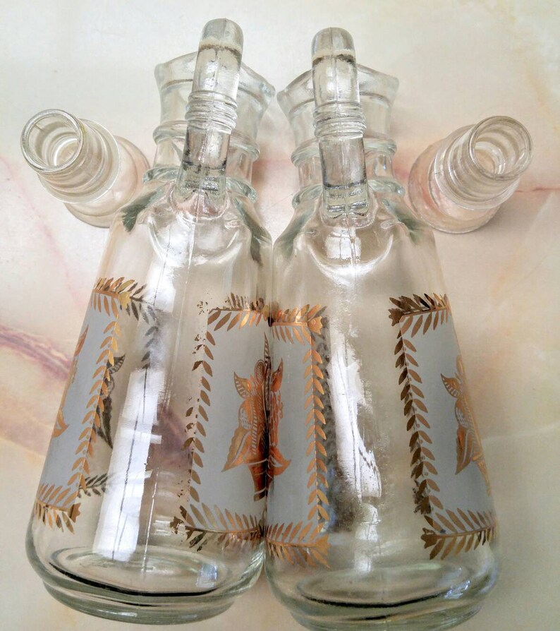 Vintage 60s Cruet Set Oil and Vinegar Anchor Hocking * Gold Fruit Motif ...