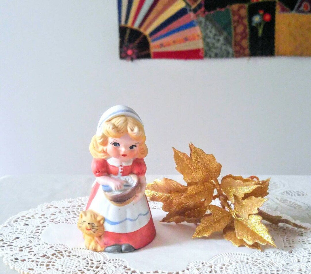 Adorabelle Girl and Kitty JASCO Bisque Bell Young Girl Holding Laundry ...