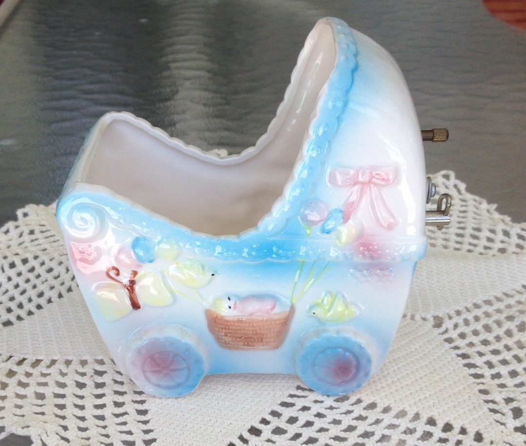 Nursery Music Box Baby Carriage Planter Plays Rock-a-bye Baby Lullaby ...