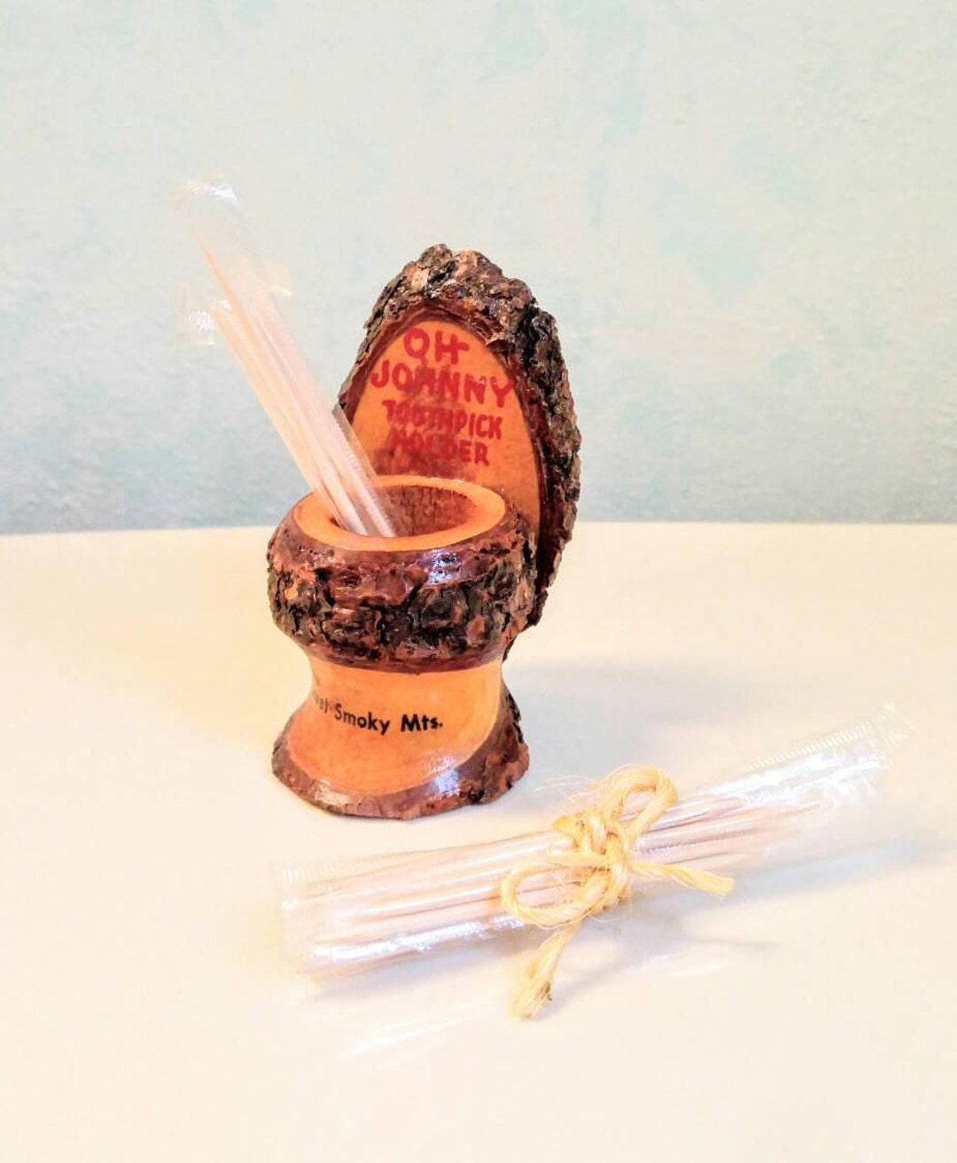 OH JOHNNY Toilet Toothpick Holder Smoky Mountain Souvenir Pine Bark ...