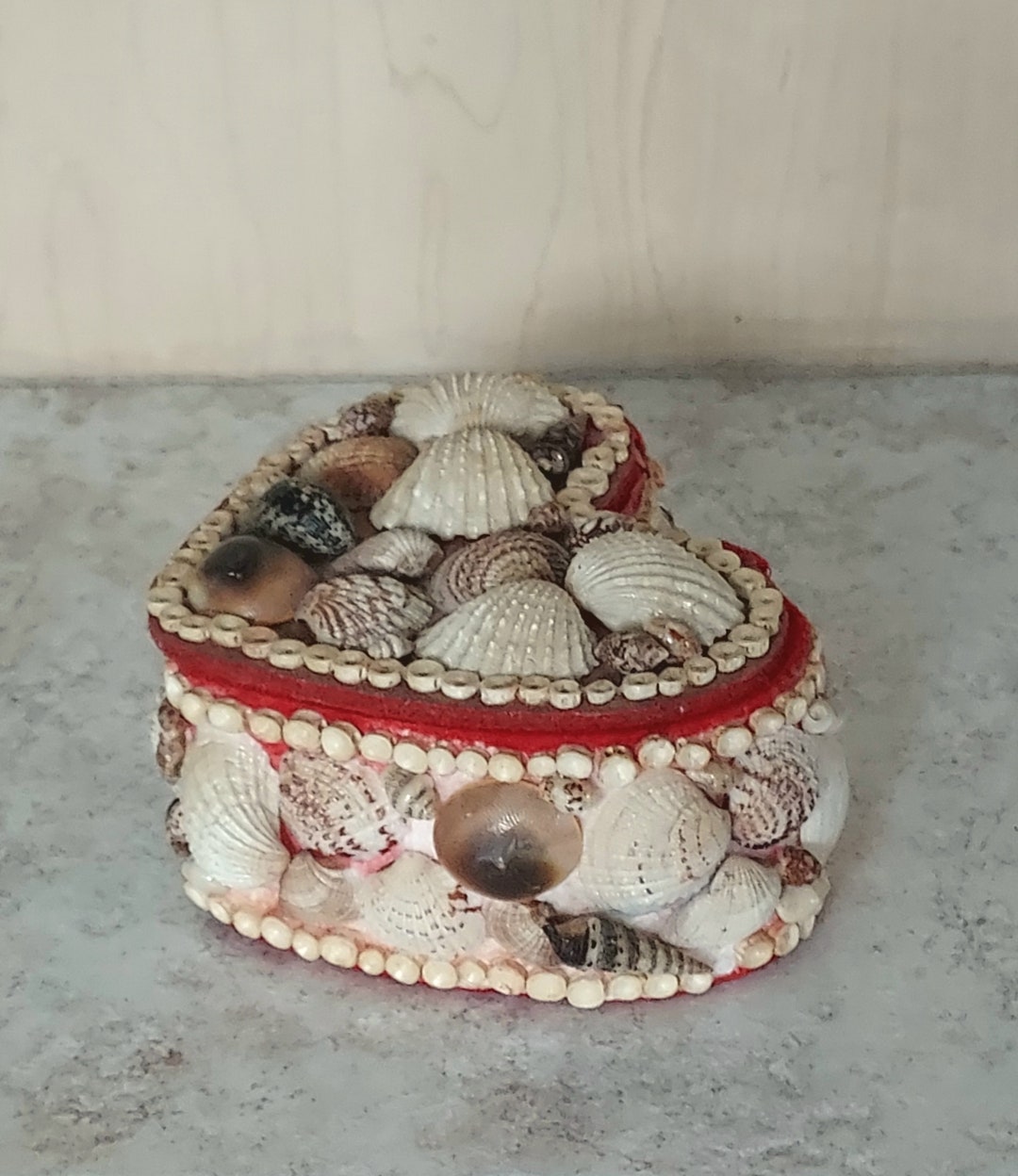 Vintage Shell Heart Trinket Box 5" X 4" * Sailors Heart Box * Seashell Jewelry Box Beach Decor ...