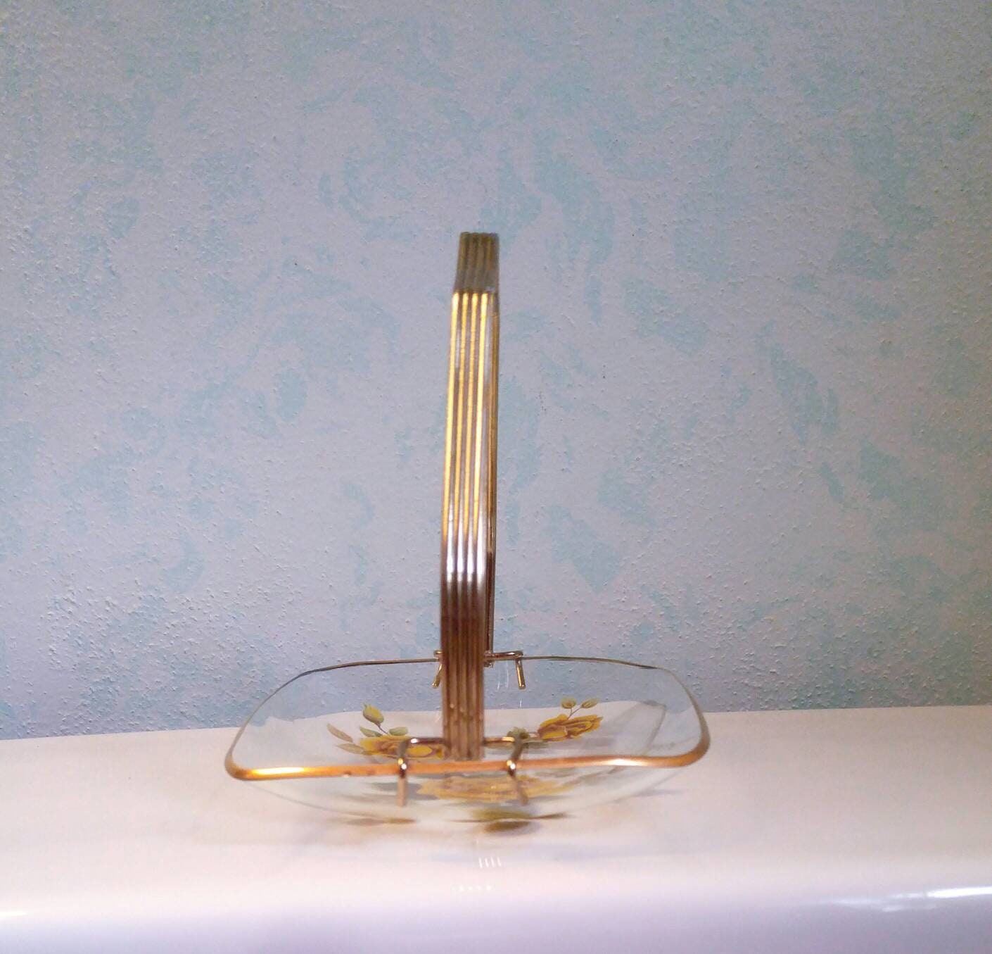 Yellow Rose Glass Candy Dish With Metal Handle Vintage Clear | Etsy