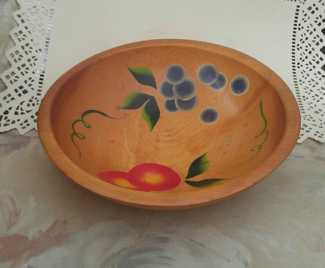 Vintage Wood Bowl With Tole Painted Fruit * Vintage 50s Natural Wood ...