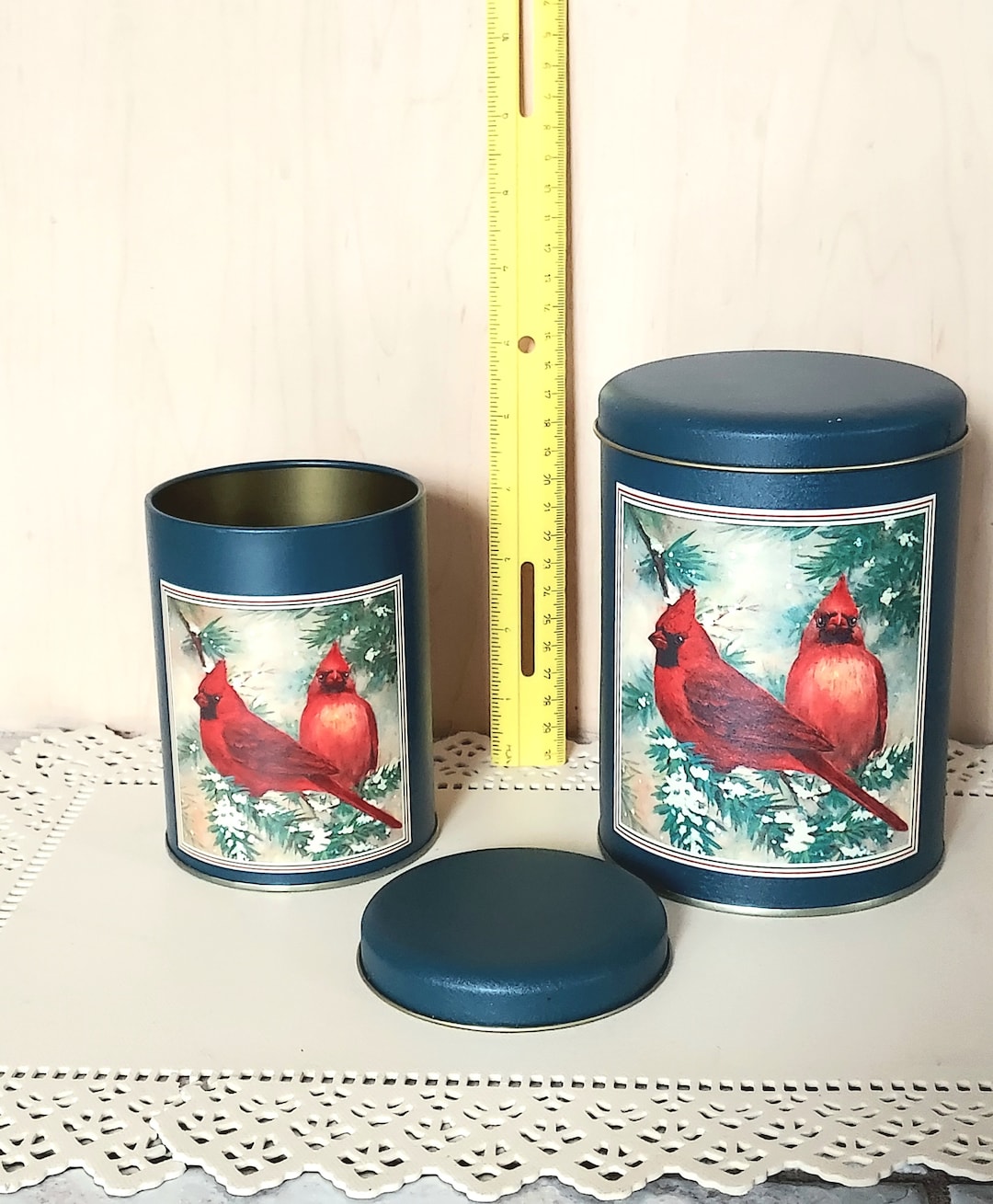 Red Cardinal Tins Vintage Canister Set of 2 * Cylinder Tins With Winter ...