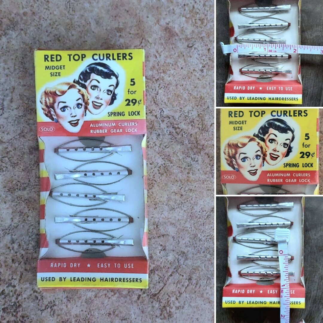 NOS Aluminum Solo Red Top Curlers on Display Card 5 Midget Size Curlers ...