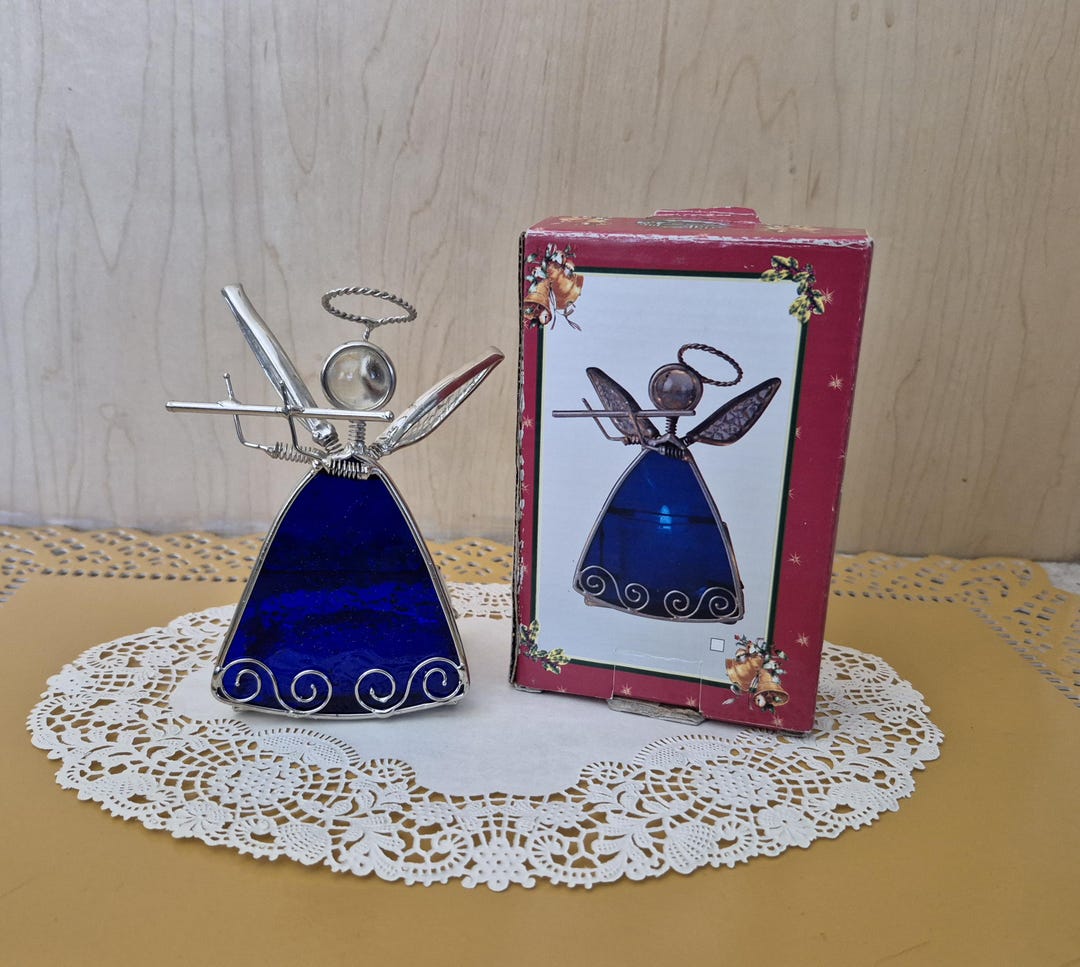 Vintage Blue Stained Glass Angel Playing Flute Tealight Candle Holder ...