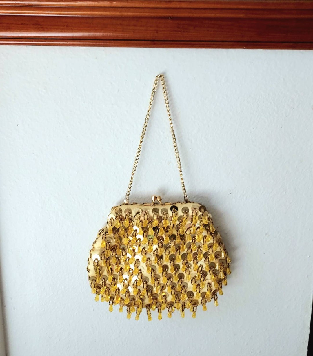 Vintage Bead Purse With Dangle Beads & Metallic Discs, Gold Chain ...