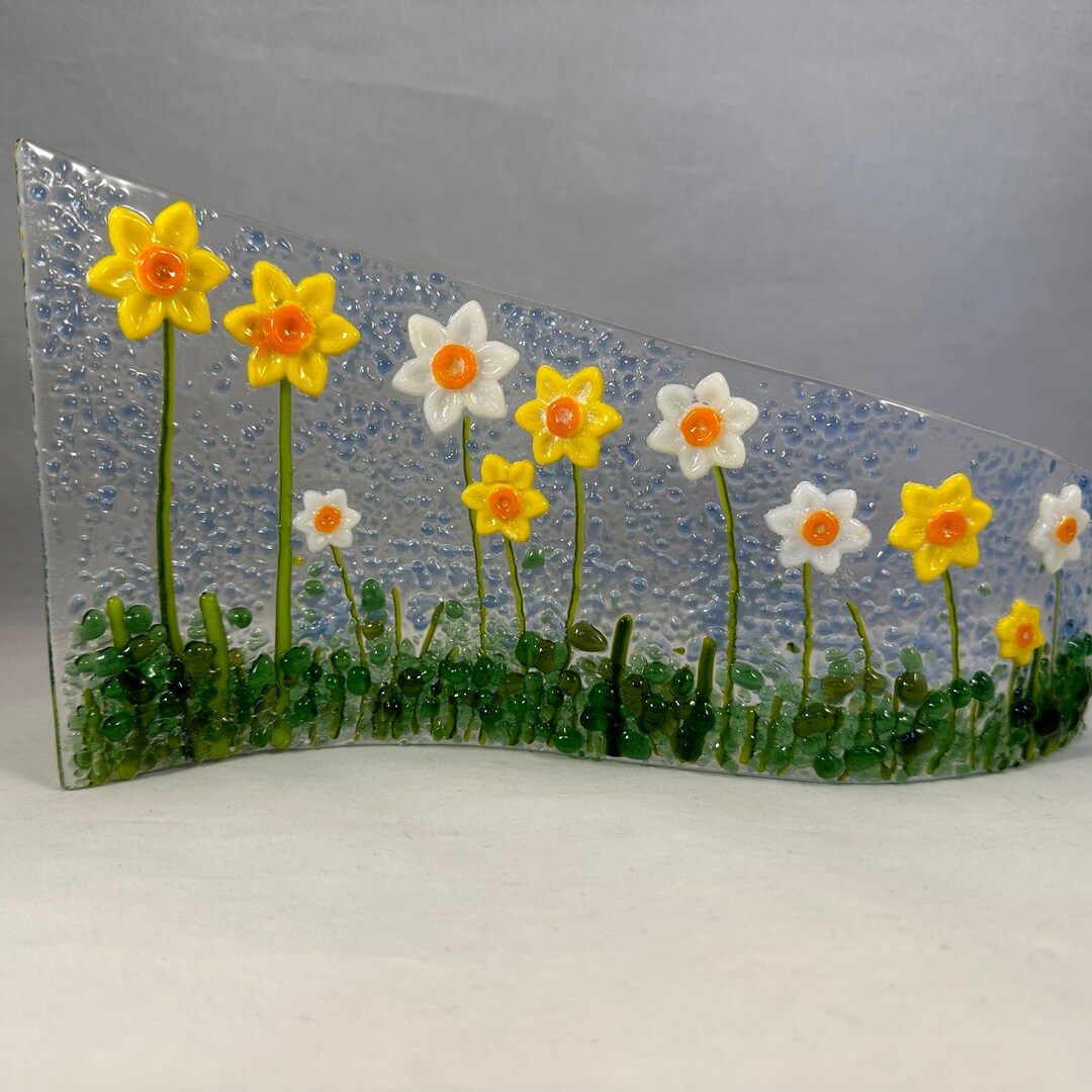 Floral Glass S Curved Plaque, Spring Daffodils, Floral Glass Art ...