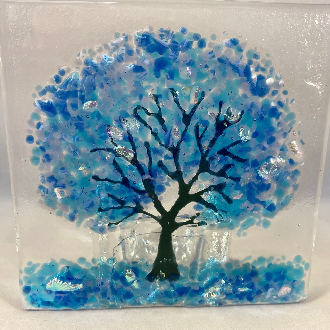 Floral Glass Plaque, Candle Display, Tree in Shades of Blue, Fused ...