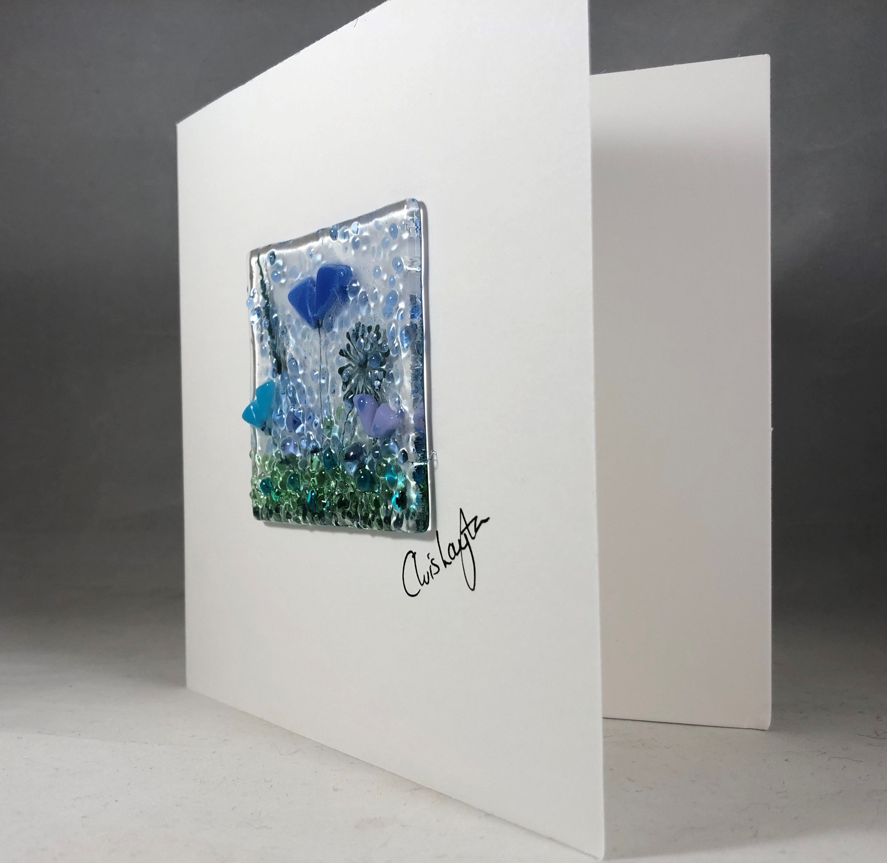 Fused Glass Greeting Card Handmade Floral Turquoise and | Etsy