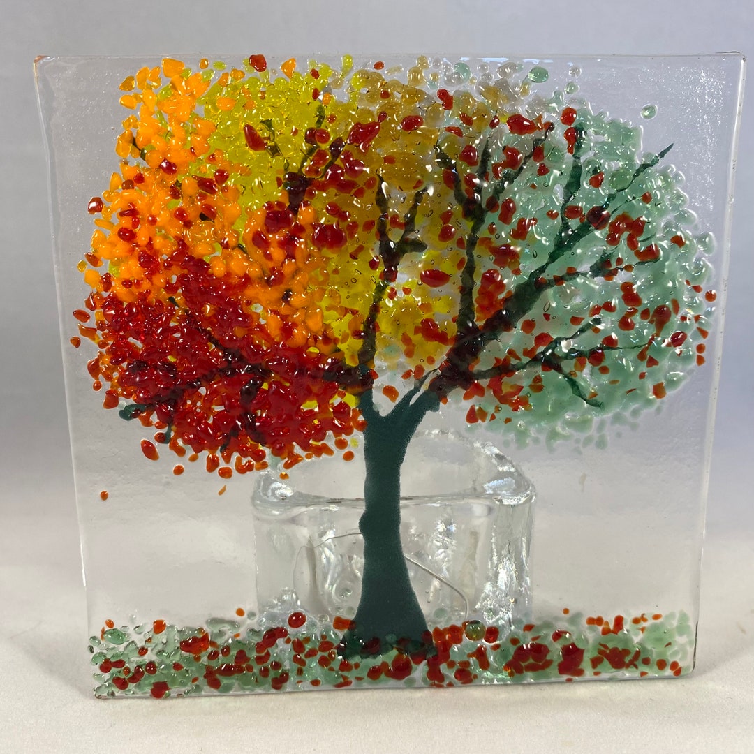Floral Glass Plaque, Candle Display, Tree in Autumn Shades, Fused Glass ...