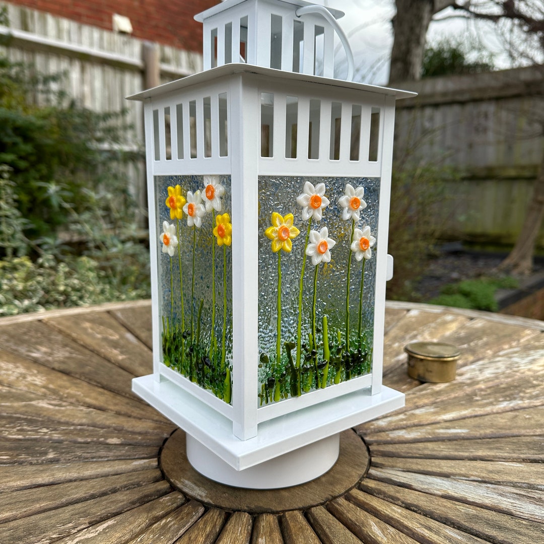 Handmade Fused Glass Lantern. Daffodil Design, Multi Use, Birthday Gift ...