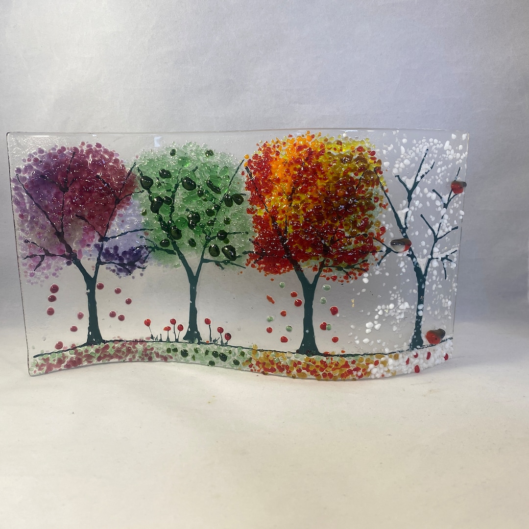 Fused Glass Art Plaque, Four Seasons Tree, Handmade Candle Display ...