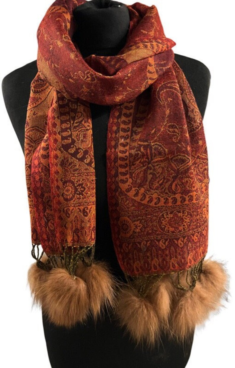 Paisley Wool Reversible Scarf With Up-cycled Fox Fur Pom Poms - Etsy