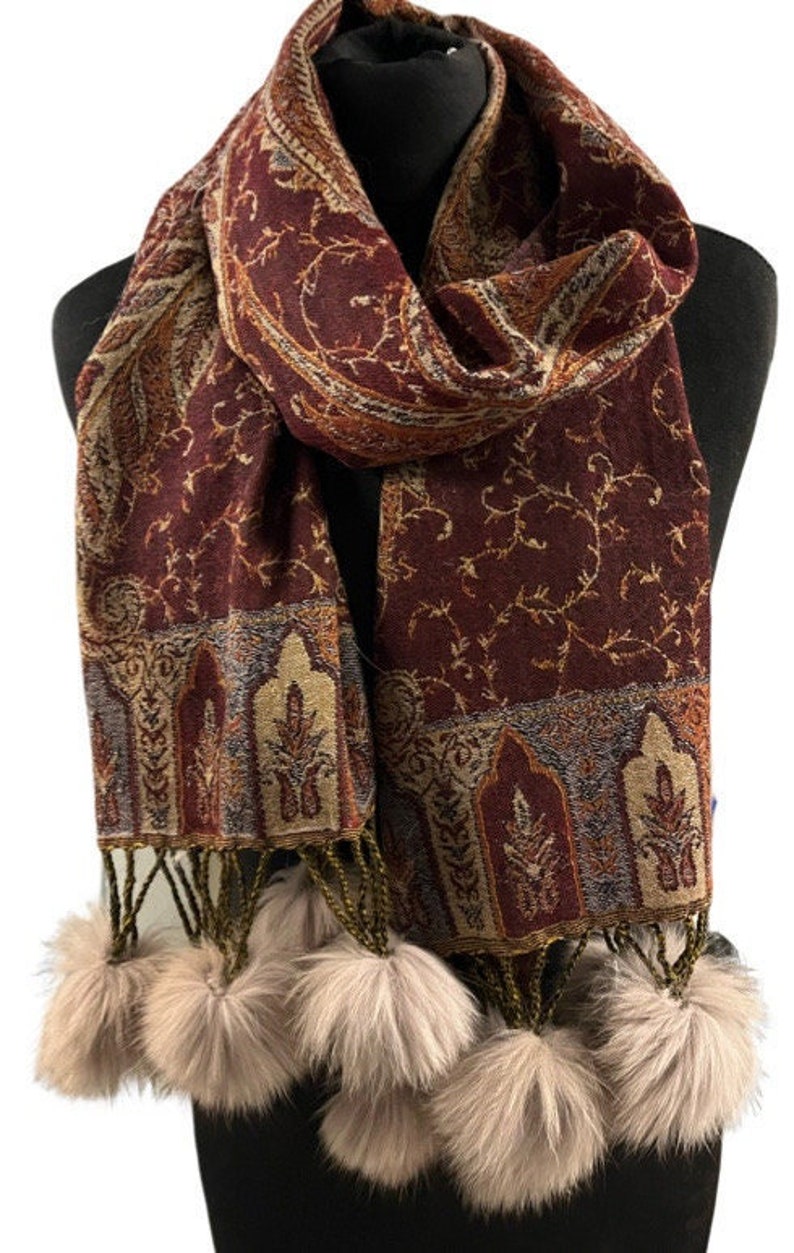 Paisley Wool Reversible Scarf With Up-cycled Fox Fur Pom Poms - Etsy