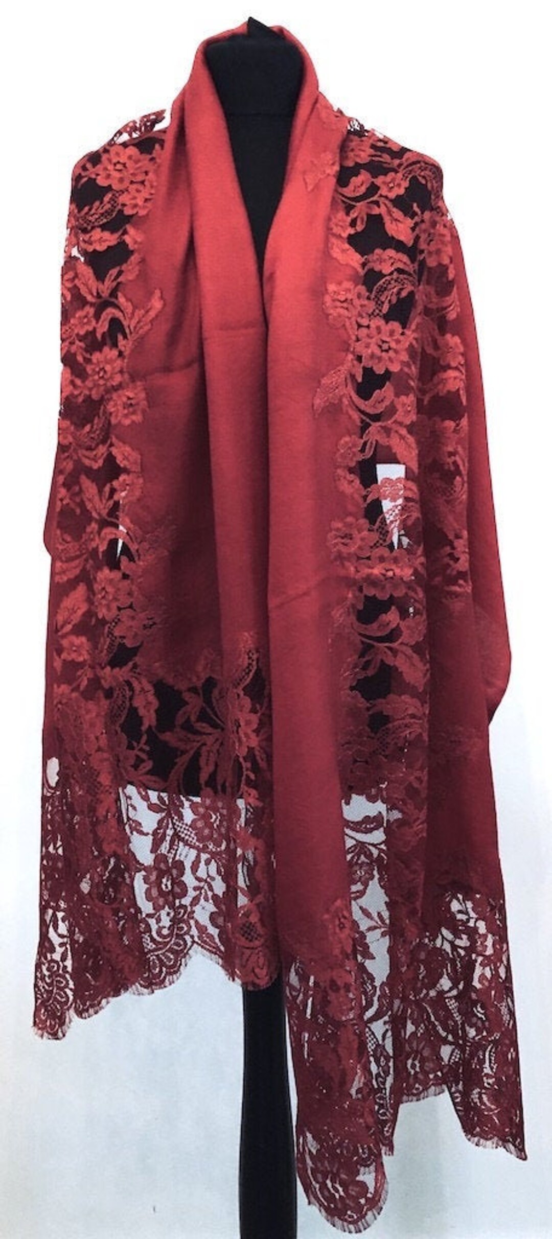 SALE Pashmina Cashmere & Lace Shawl in DARK RED - Etsy
