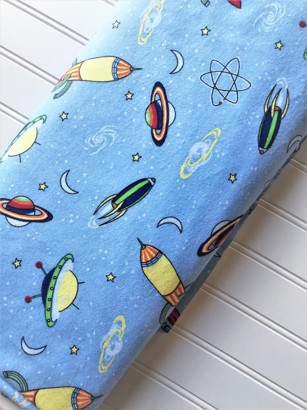 Space-rockets-cotton-flannel-fabric-alien-ships-celestial-stars-moons ...