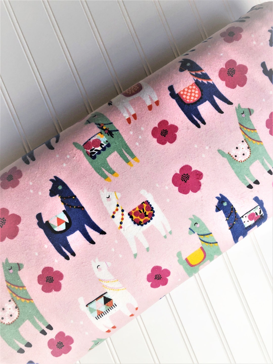 Llamas-lamas-flowers-pink-background-blue-mint-novelty-minds-eye-riley ...