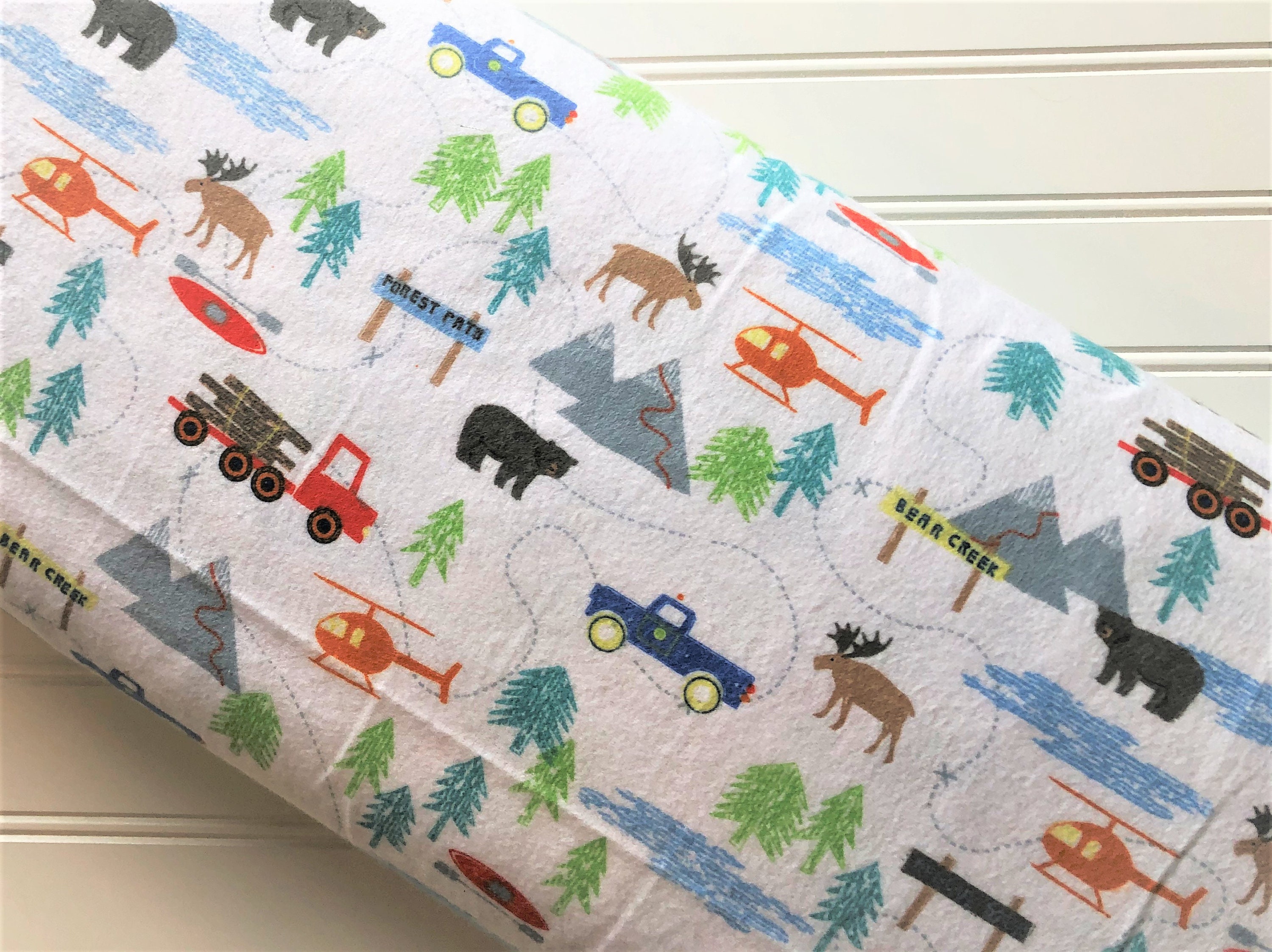 Forest-mountain-cotton-flannel Fabric-moose-bears-helicopter-canoe-lake ...