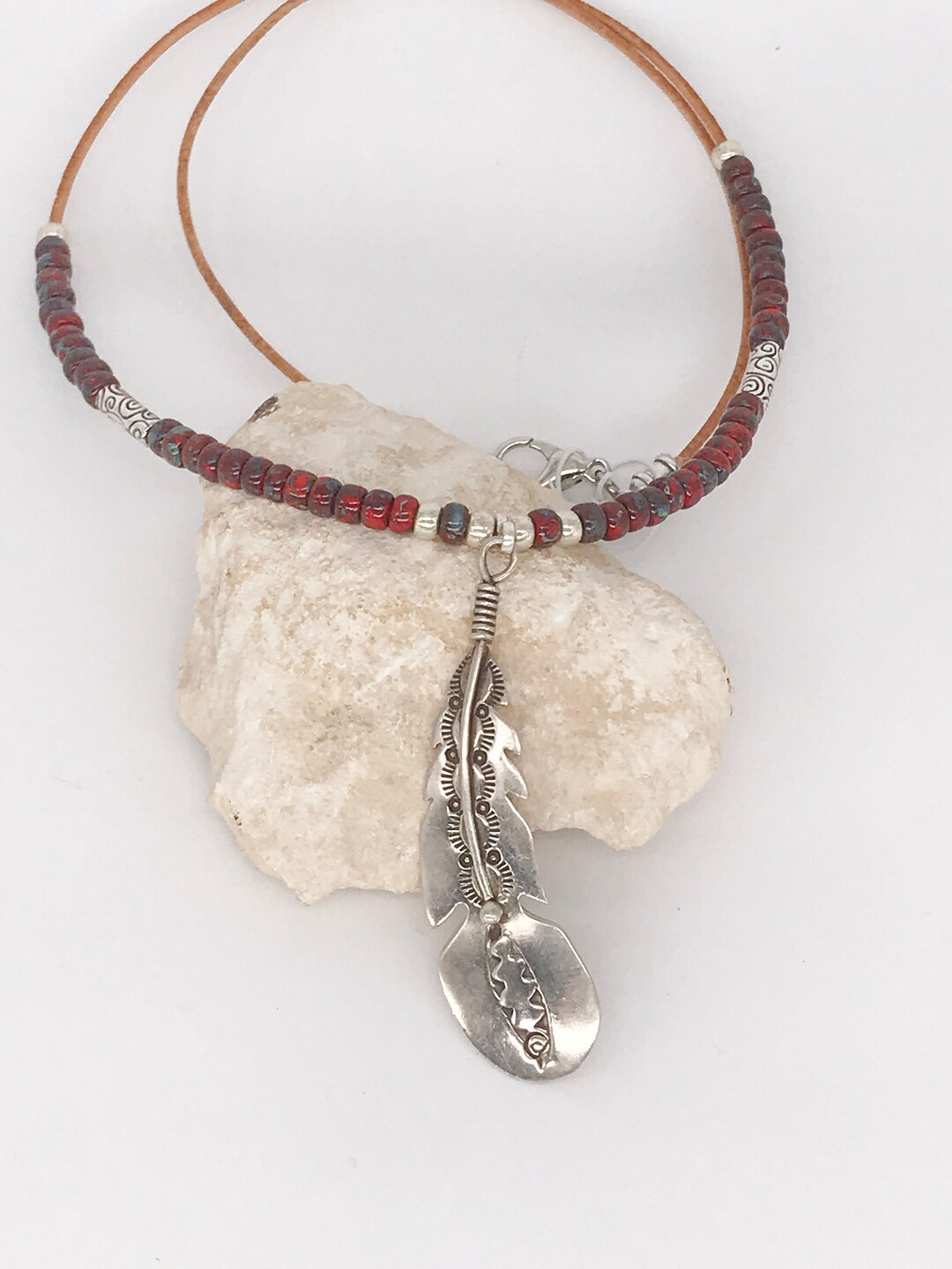 Sterling Silver Feather Necklace, Leather Cord, Western Jewelry - Etsy