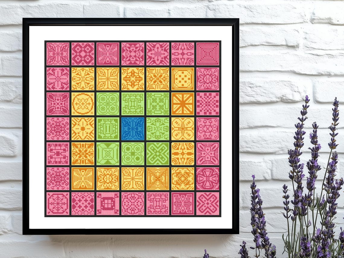 Concentric Rainbow Cross Stitch Pattern, Quaker Folk Squares Tile ...