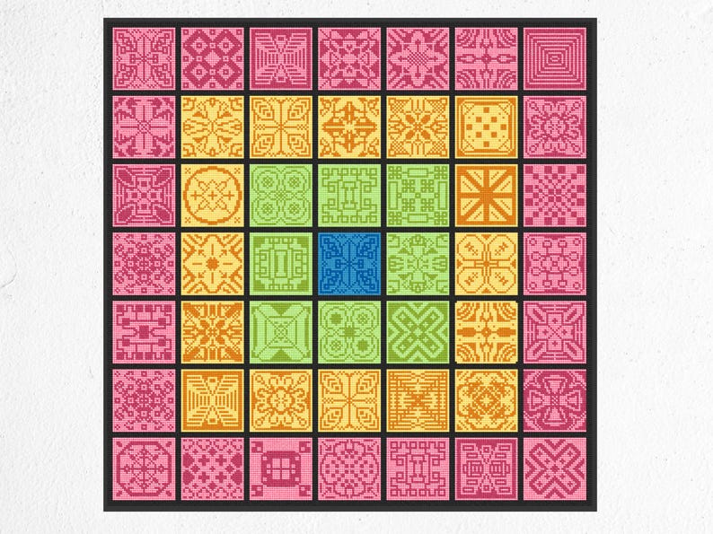 Concentric Rainbow Cross Stitch Pattern, Quaker Folk Squares Tile ...
