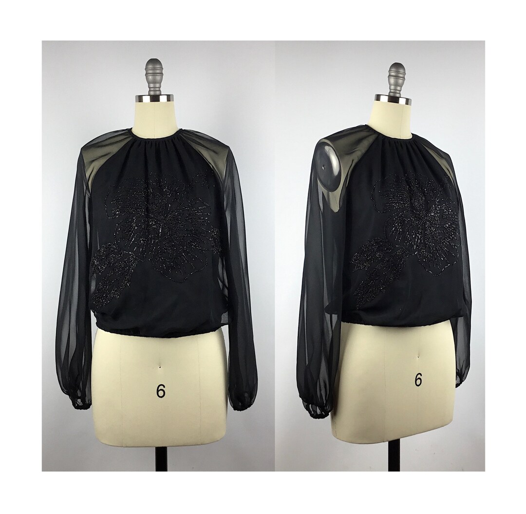 Vintage Black Sheer Chiffon Partially Lined Large Shiny Beaded Flower ...