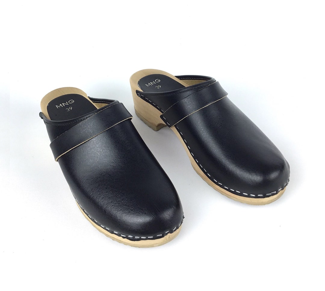 Vintage MNG Black Wooden Clogs Genuine Leather Natural Wood Handmade in ...