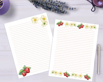 Printable Strawberries Stationery, Instant Download, Blank and Lined ...