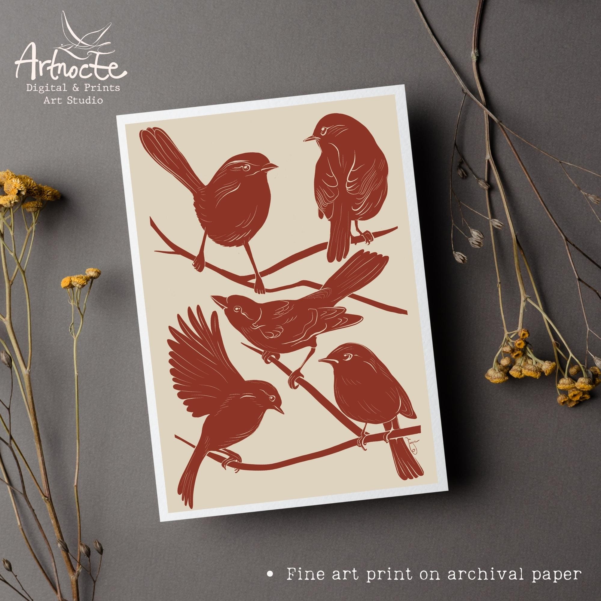 Minimal Birds Illustration Art Print, Bird Lover Unique Gift, Handmade ...