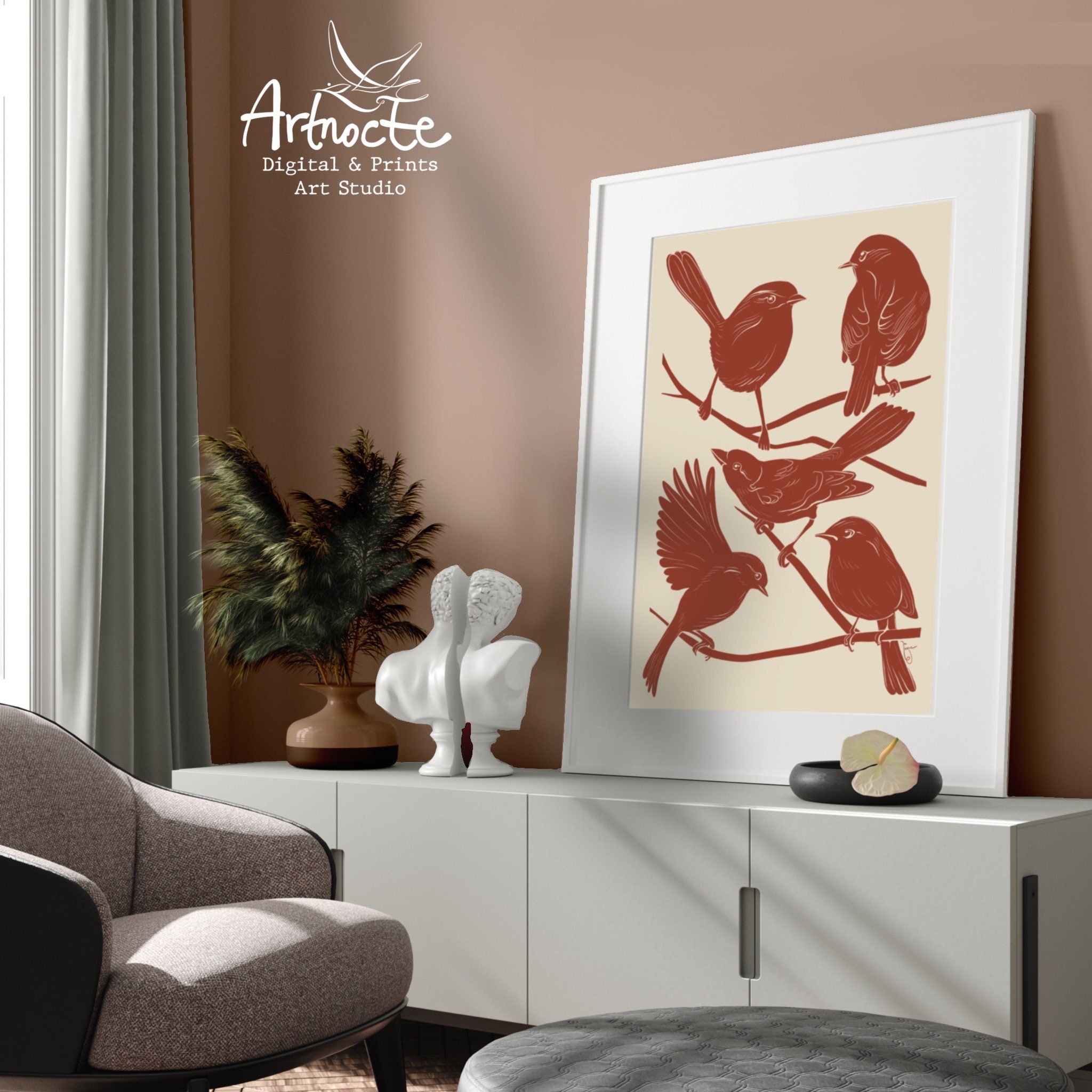 Minimal Birds Illustration Art Print, Bird Lover Unique Gift, Handmade ...