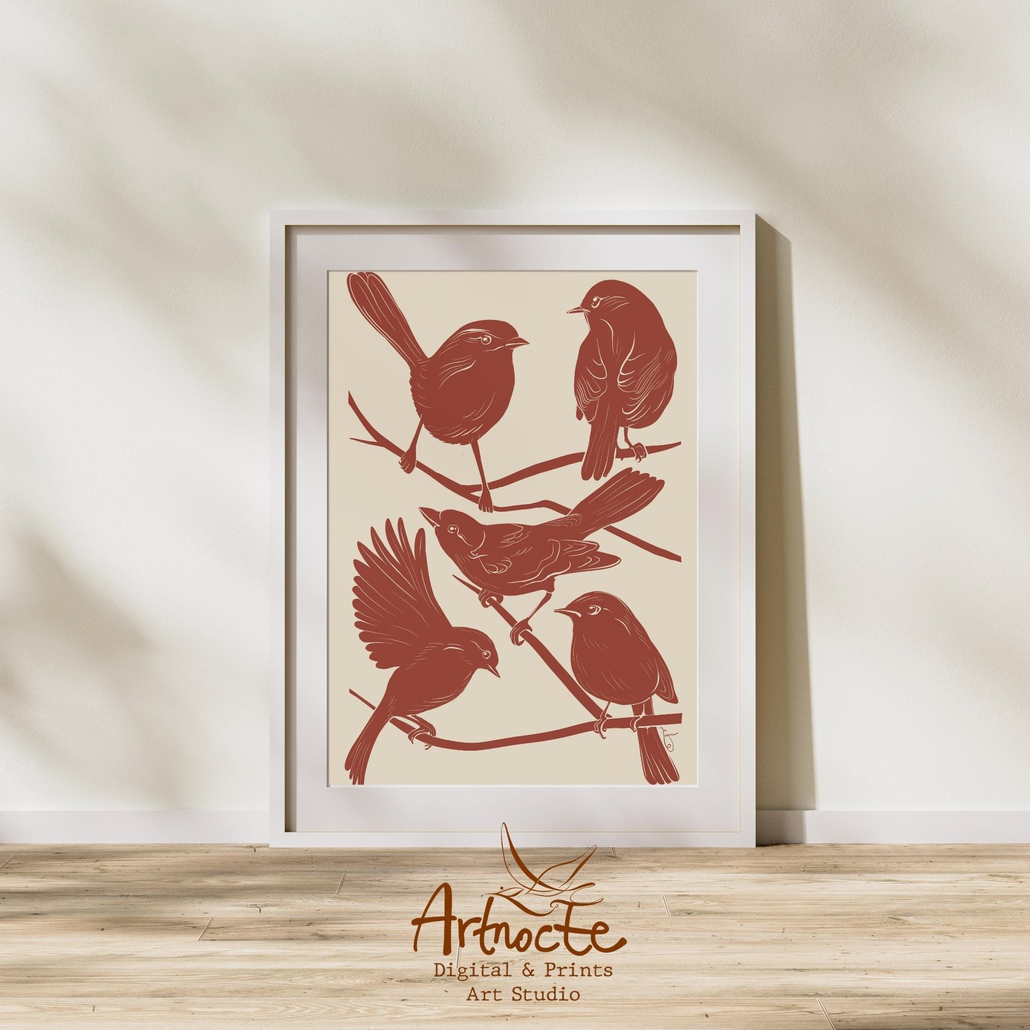 Minimal Birds Illustration Art Print, Bird Lover Unique Gift, Handmade ...