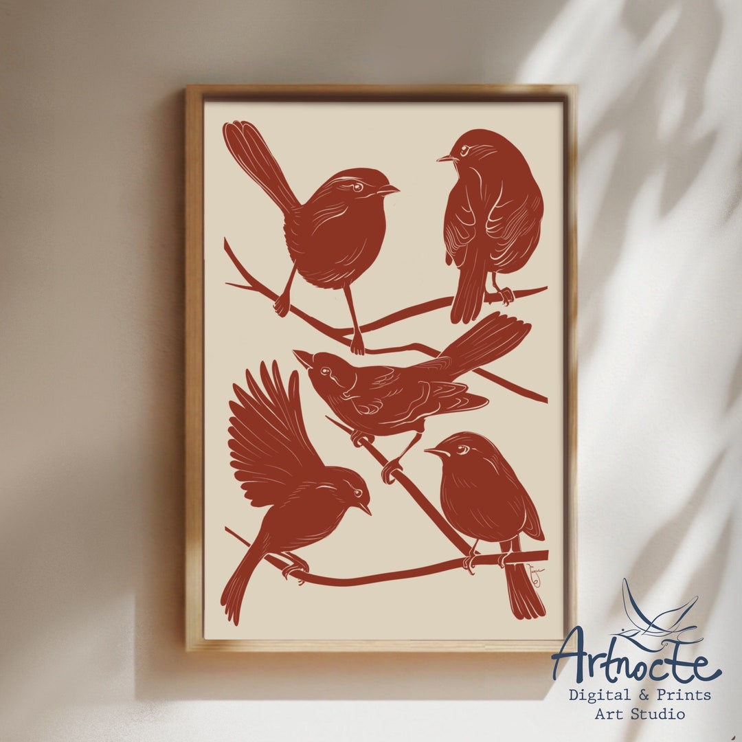 Minimal Birds Illustration Art Print, Bird Lover Unique Gift, Handmade ...
