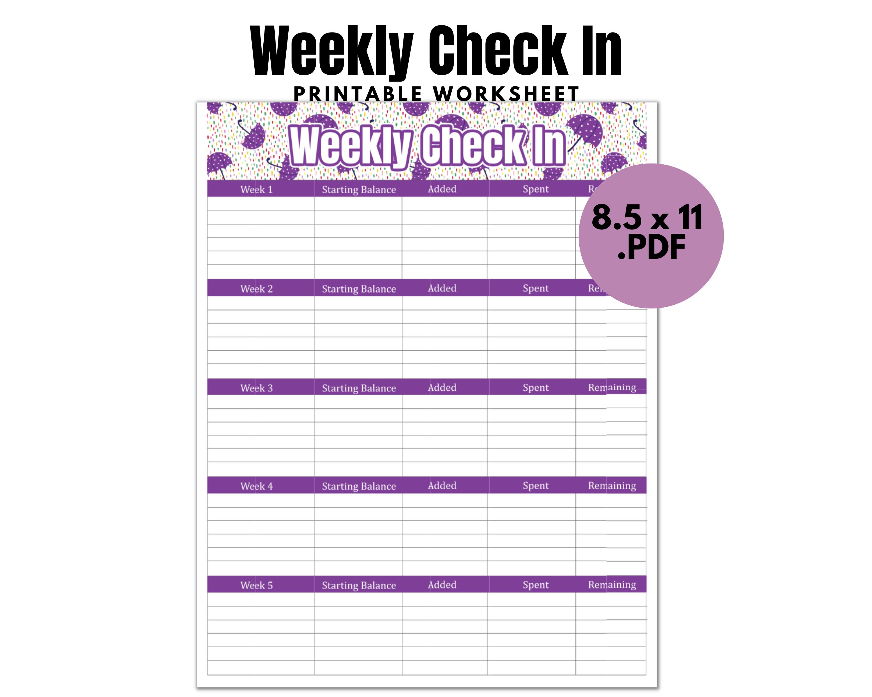 Weekly Check in Printable Worksheet Rainy Day Budget - Etsy