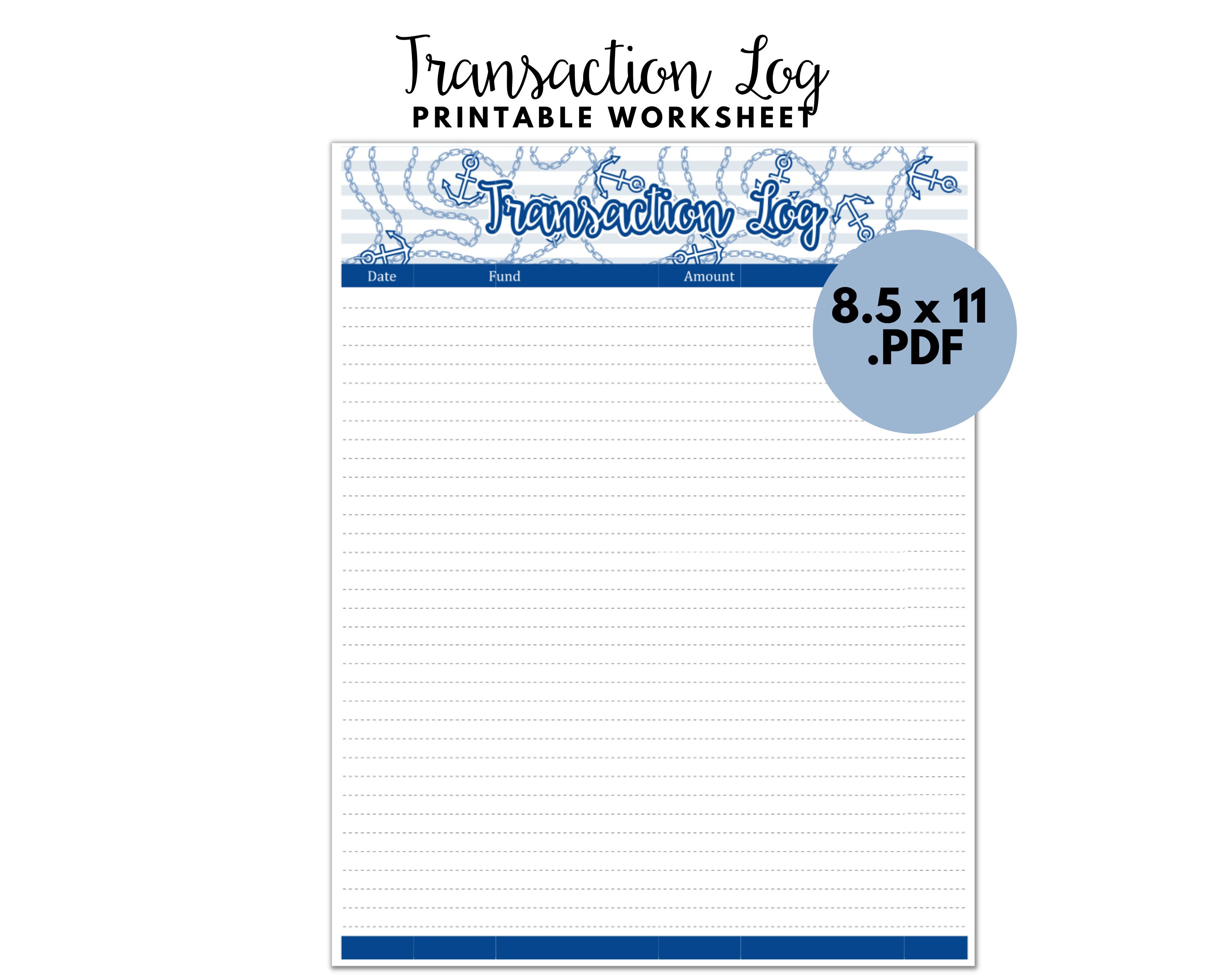 Transaction Log Printable Worksheet Anchors Aweigh Budget - Etsy