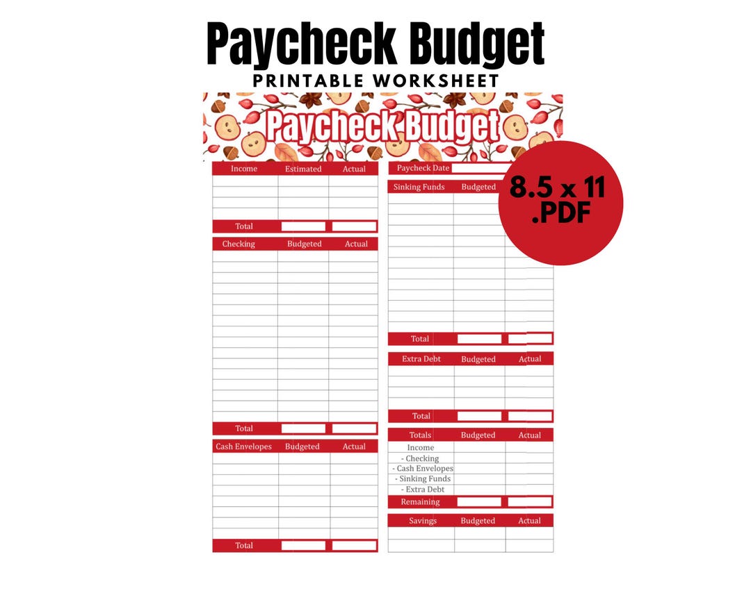 Paycheck Budget Printable Worksheet Autumn Apple Budget Planner Insert ...