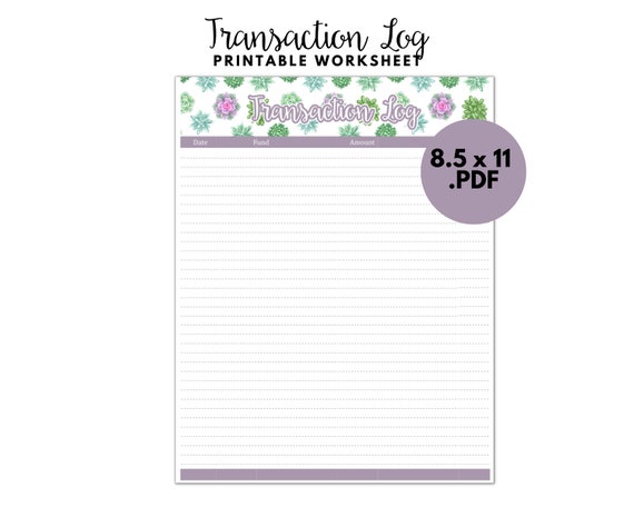 Transaction Log Printable Worksheet Succulent Budget - Etsy