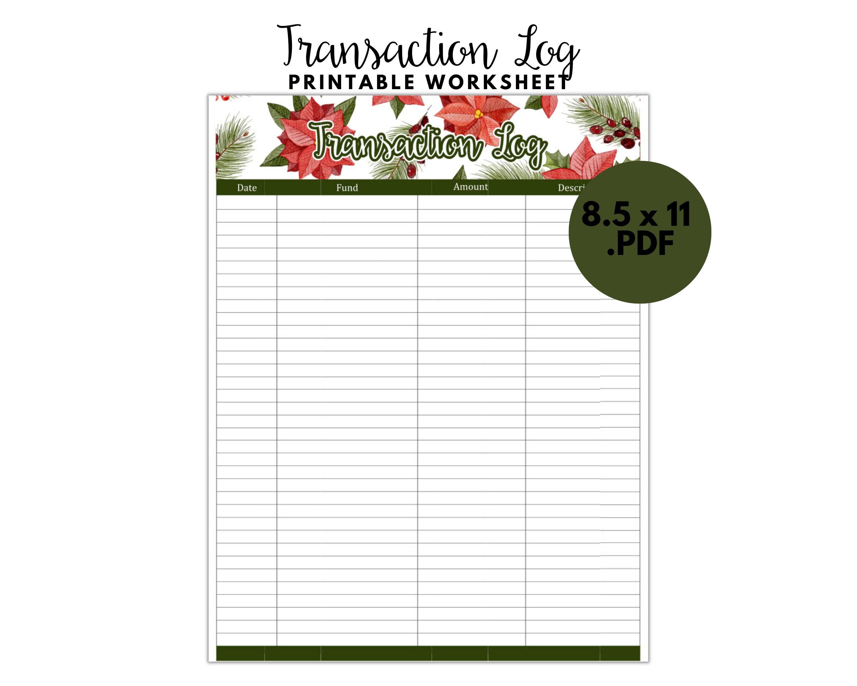 Transaction Log Printable Worksheet Holly Jolly Budget - Etsy