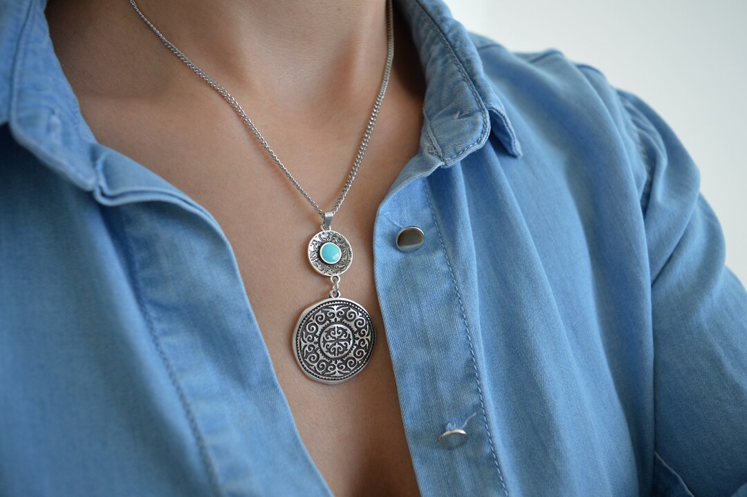 Silver Arabic Symbol Coin Necklace, Dangling Turquoise Charms ...