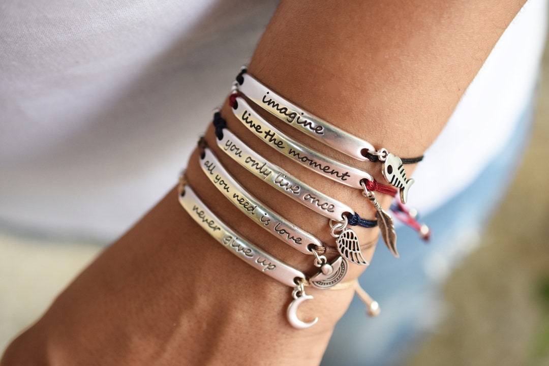 Antique Silver MOTTO Engraved Cuff, Stacking Wristband Personalized ...