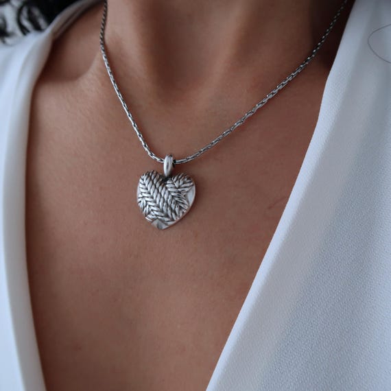 Silver Stitched Heart Pendant Necklace Stainless Steel Tarnish Free Affordable Delicate Bohemian Organic Shape Jewellery Gift for Her