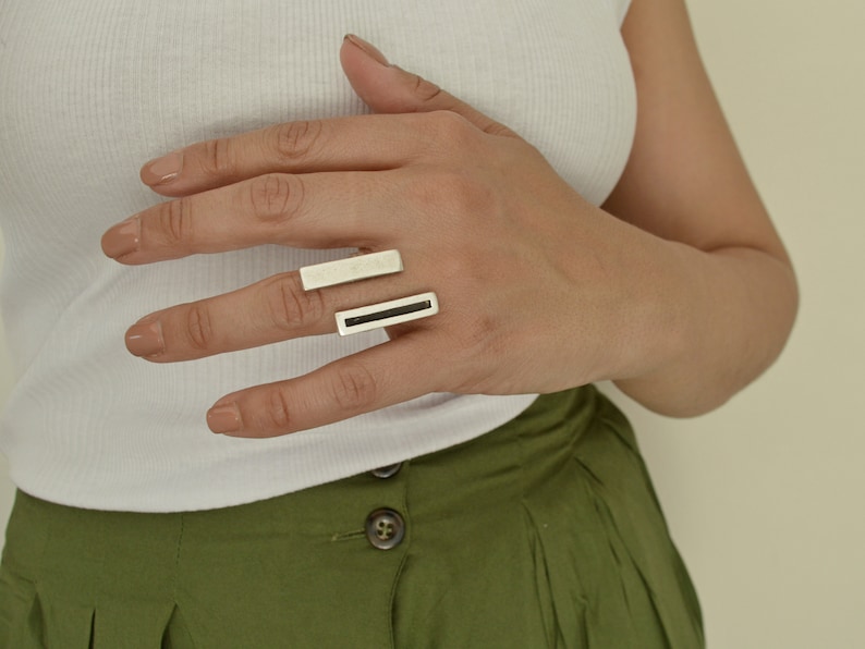 Silver Two Vertical PARALLEL LINES Ring Unique Hammered - Etsy