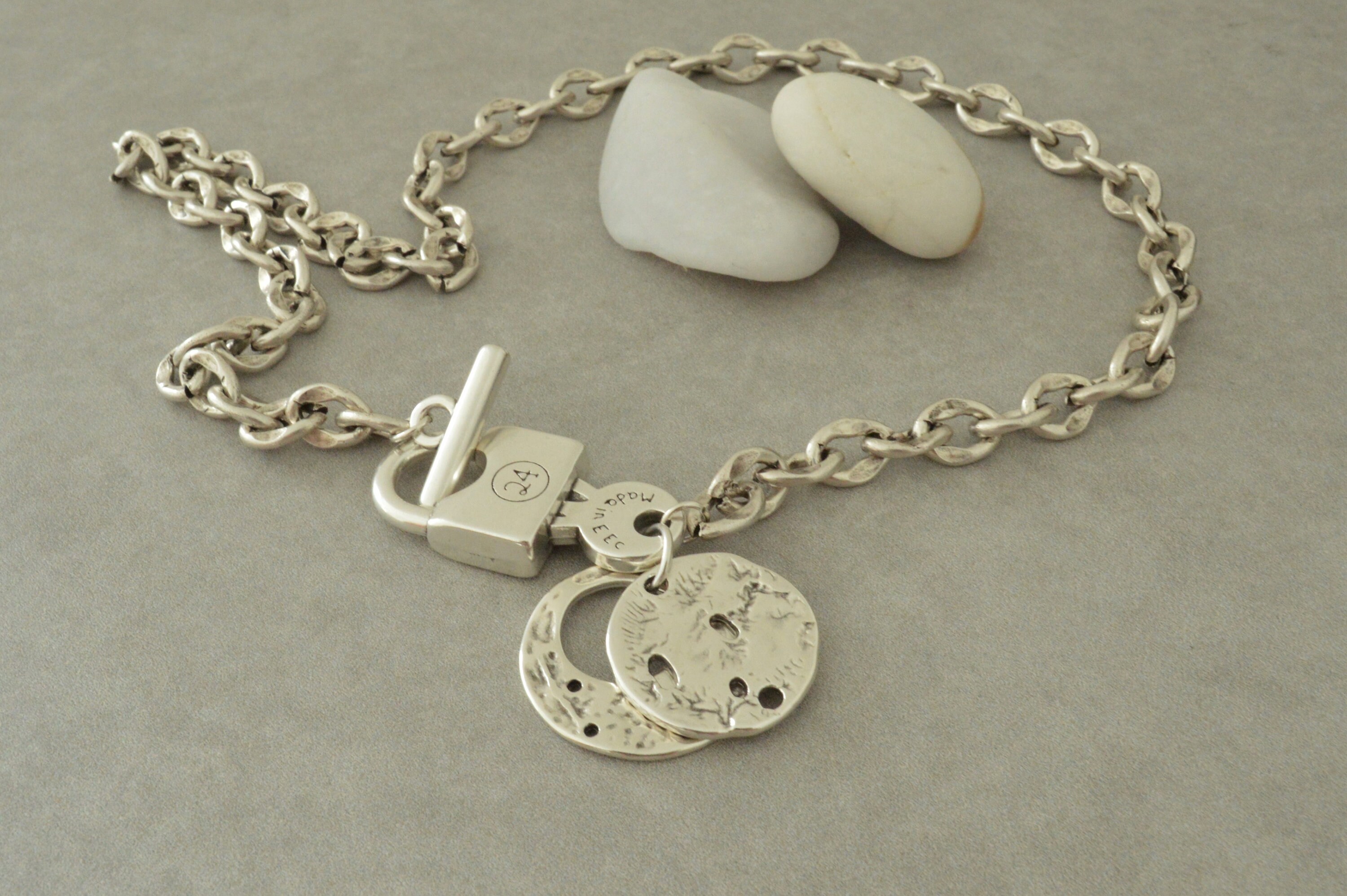 Silver Chunky padlock chain choker hammered coin necklace T | Etsy